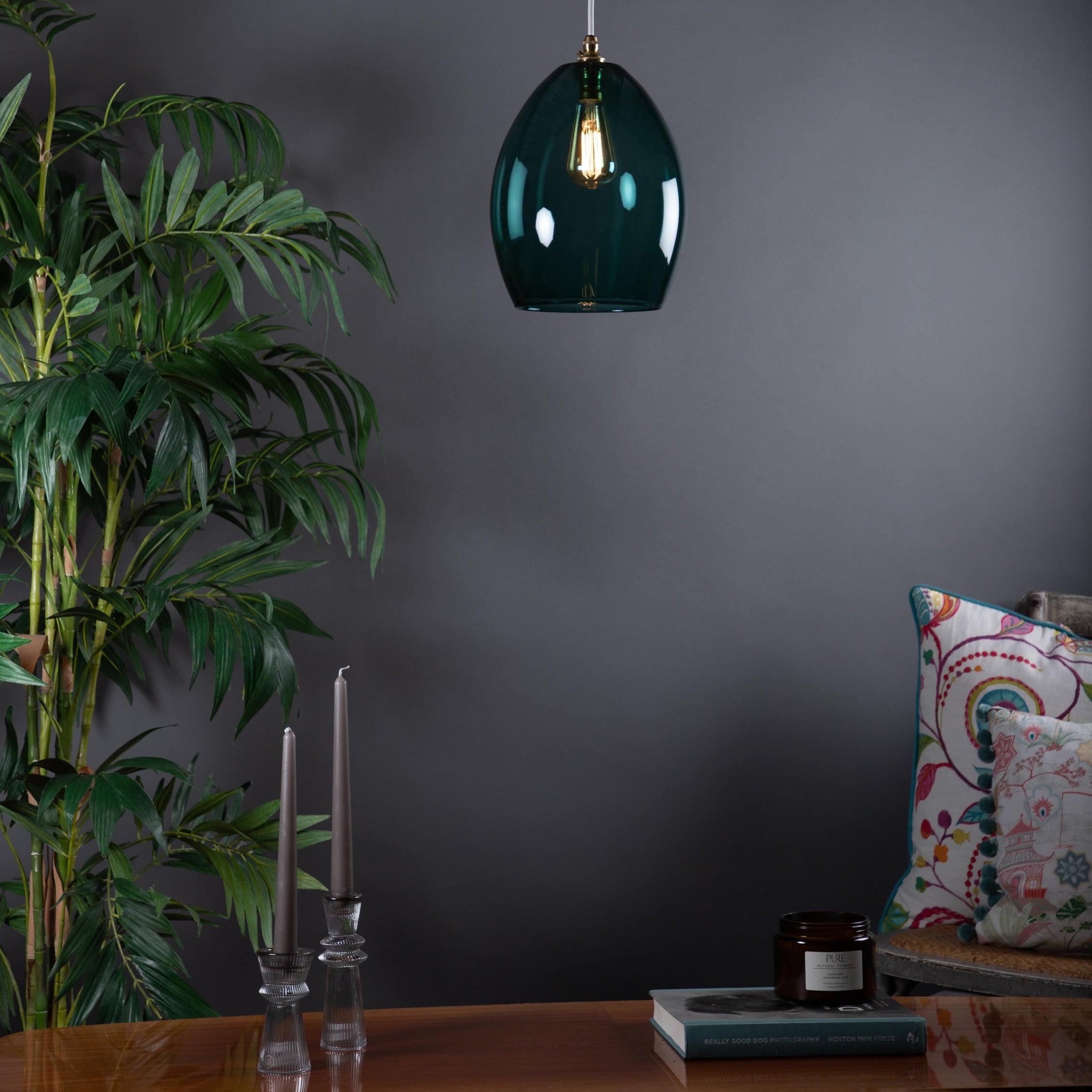 Teal Glass Pendant Light | Handblown in the UK | Glow Lighting