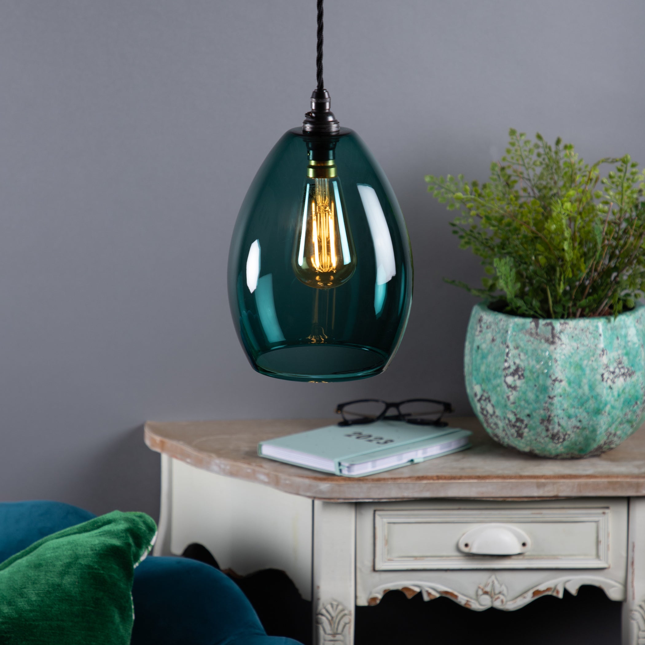 Teal Glass Pendant Light | Handblown in the UK | Glow Lighting