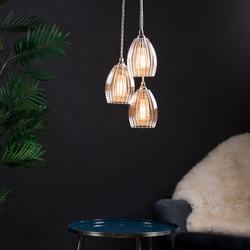 Jules Small 3 Way Cluster Pendant Light Ribbed Glass – Glow Lighting