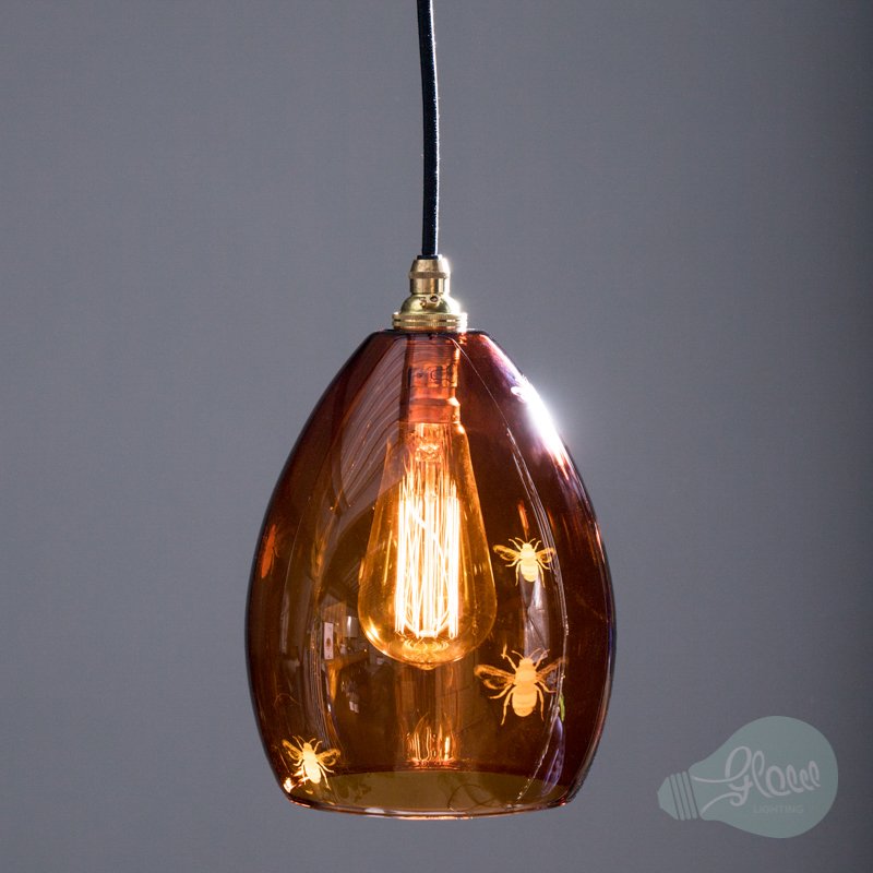 Jules Coloured Glass Pendant Light Etched with Bees | Glow Lighting