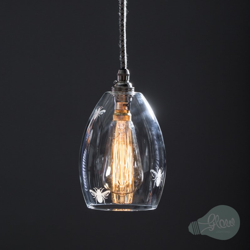 Jules Pendant Light Clear Glass | Etched with Bees – Glow Lighting
